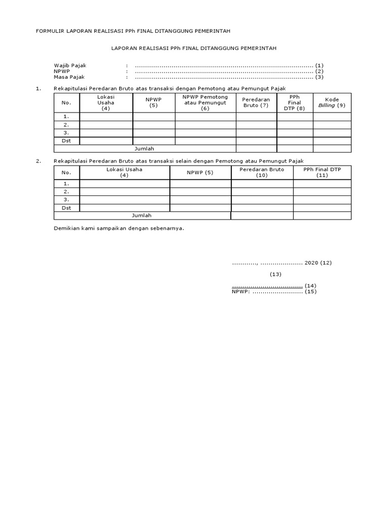 Formulir Laporan Realisasi PPH Final DTP | PDF