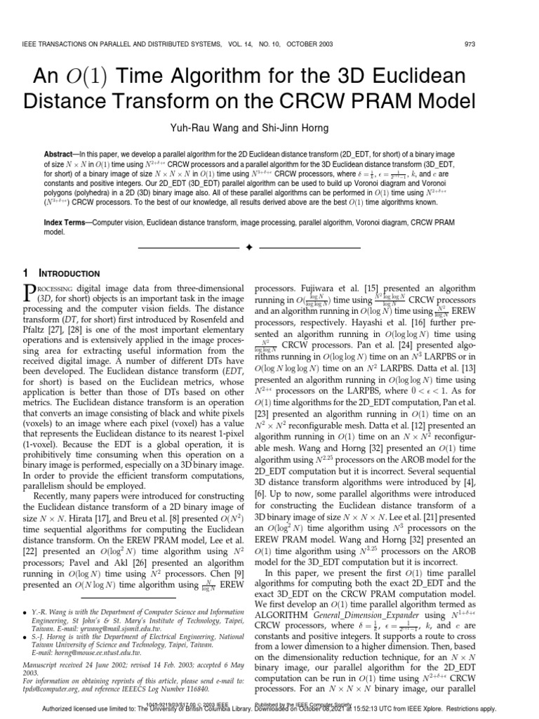 An O1 Time Algorithm For The 3d Euclidean Distance Transform On The Crcw Pram Model Pdf