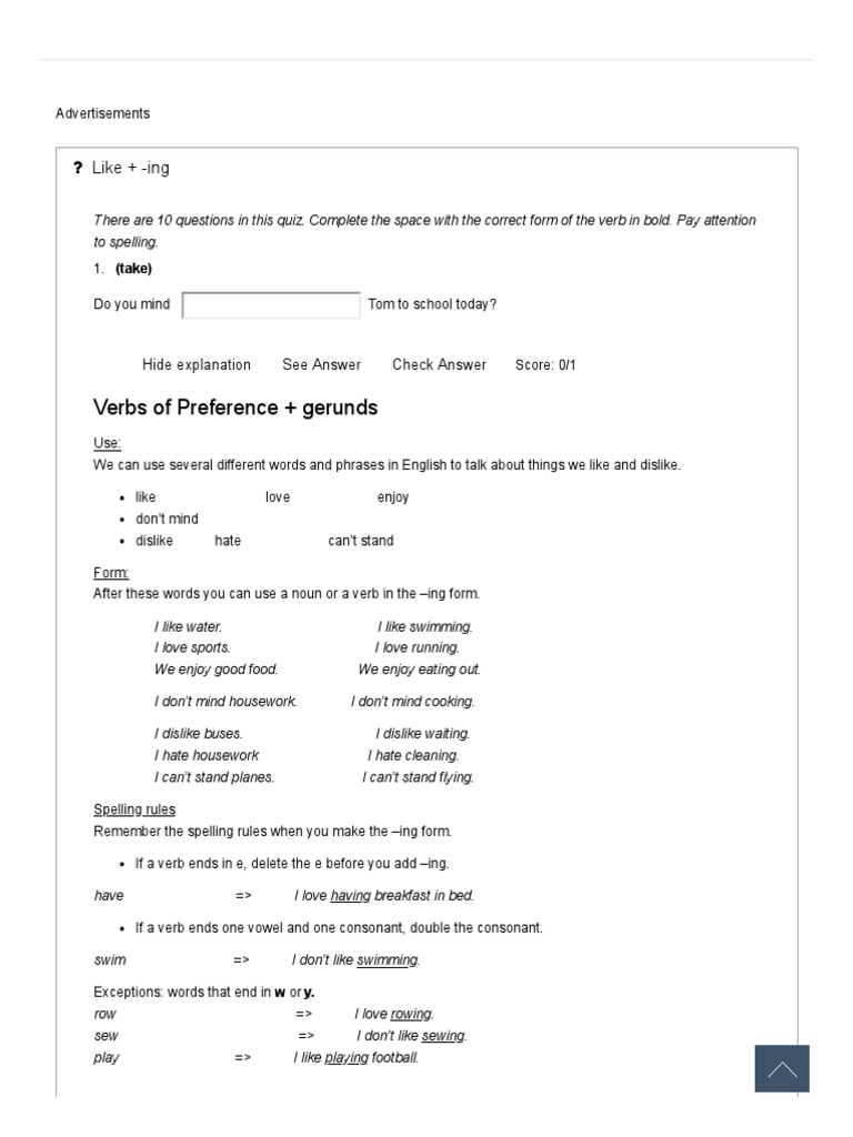 A1 Grammar - Verbs of Preference + Gerunds | PDF | English Language | Verb