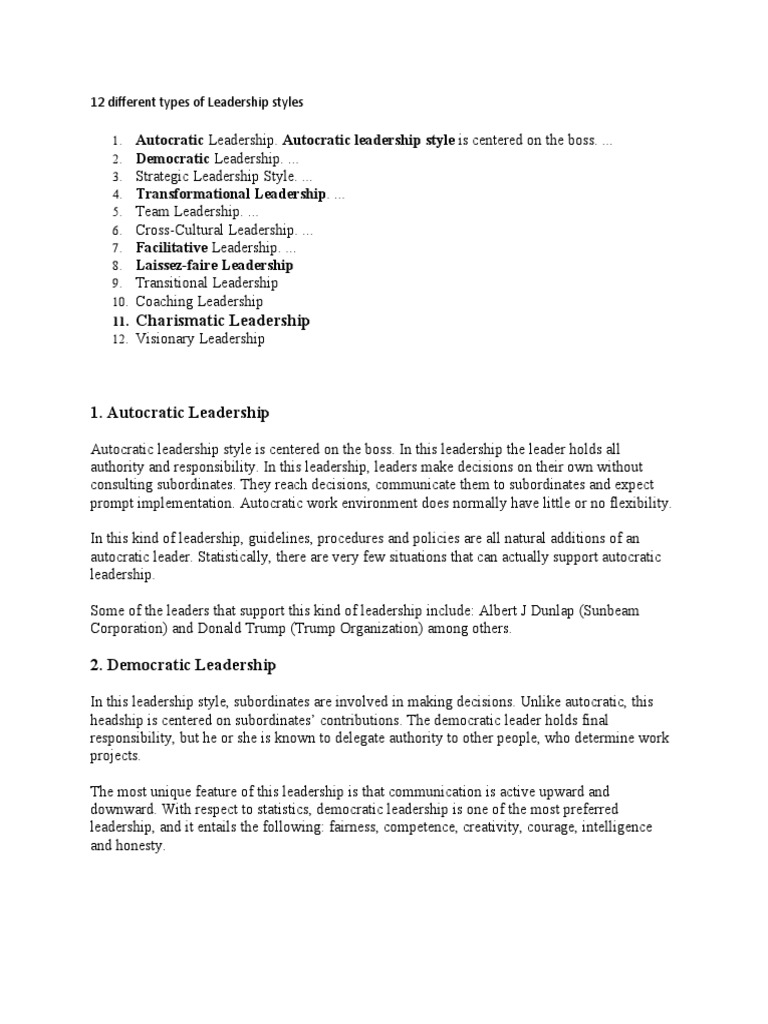 12 Different Types of Leadership Styles | PDF | Leadership ...