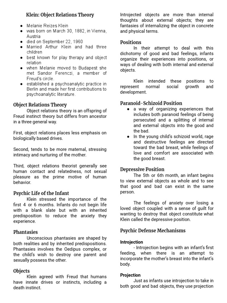 Klein's Object Relations Theory: Introjected Objects and Psychic ...