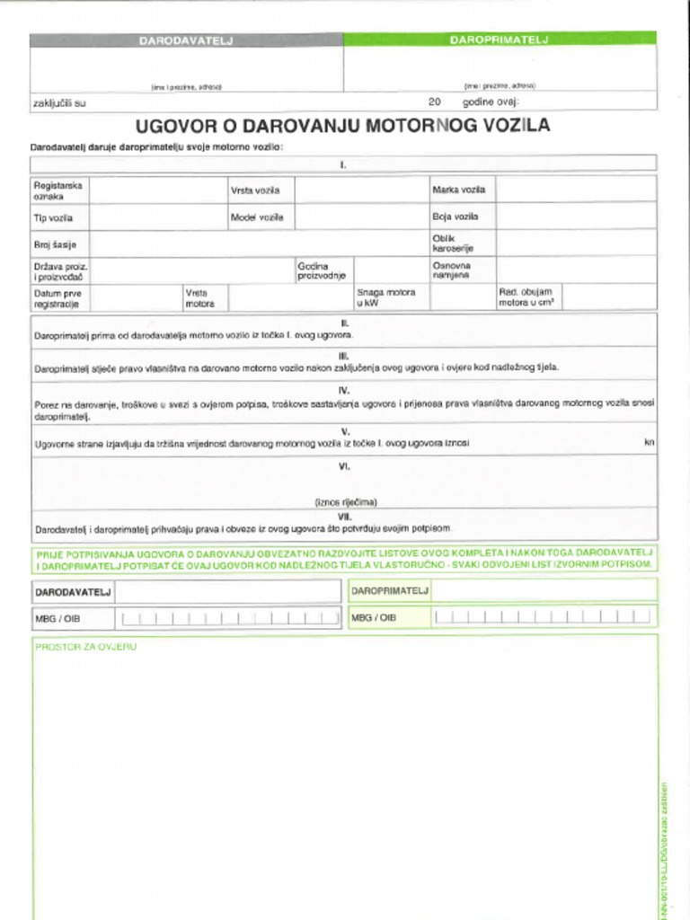Darovni Ugovor Motorno Vozilo v1 | PDF