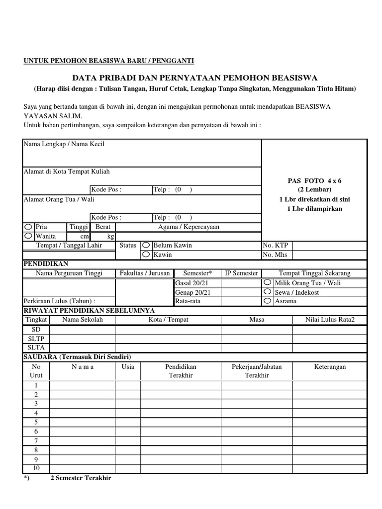 Form Beasiswa Baru 2021-2022 | PDF