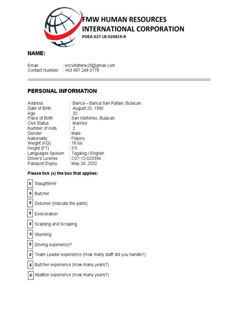 CV Butcher Slaughter | PDF | Meat | Food Industry