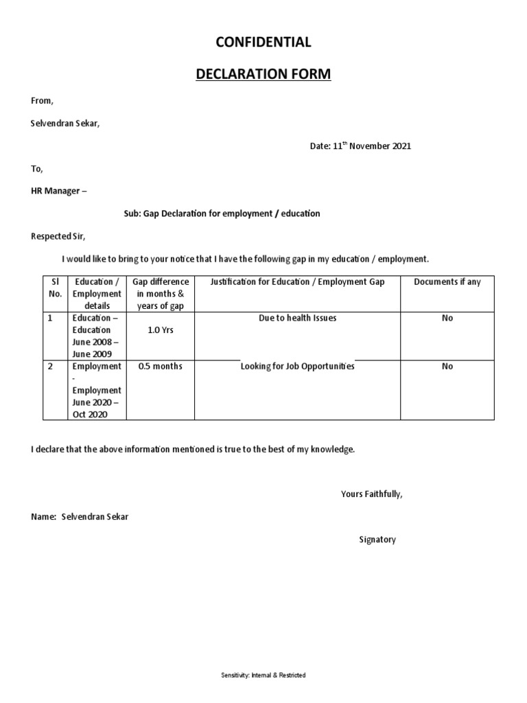 Gap Declaration - Sample | PDF