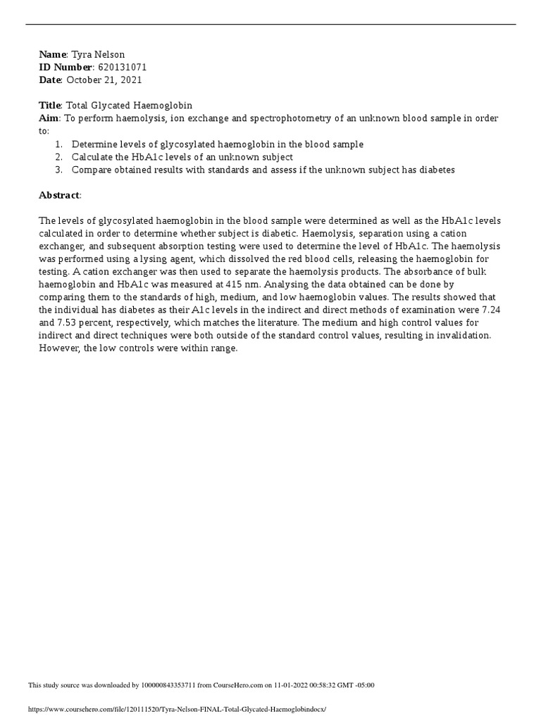 Tyra Nelson FINAL Total Glycated Haemoglobin | PDF | Glycated ...