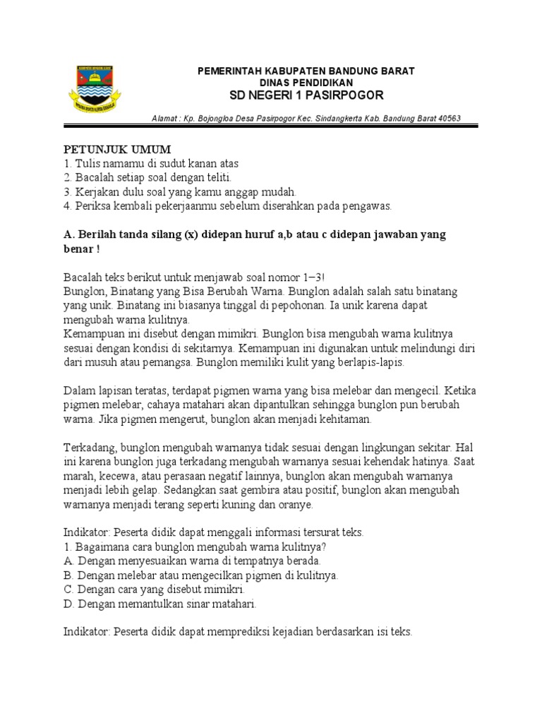 50+ Contoh Soal Try Out UASBN Bahasa Indonesia Kelas 6 SD MI Dan Kunci Jawabnya | PDF