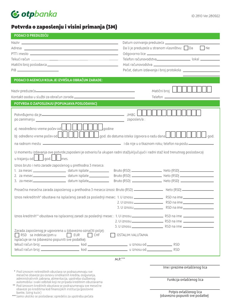Potvrda o Zaposlenju I Visini Primanja (3M) | PDF