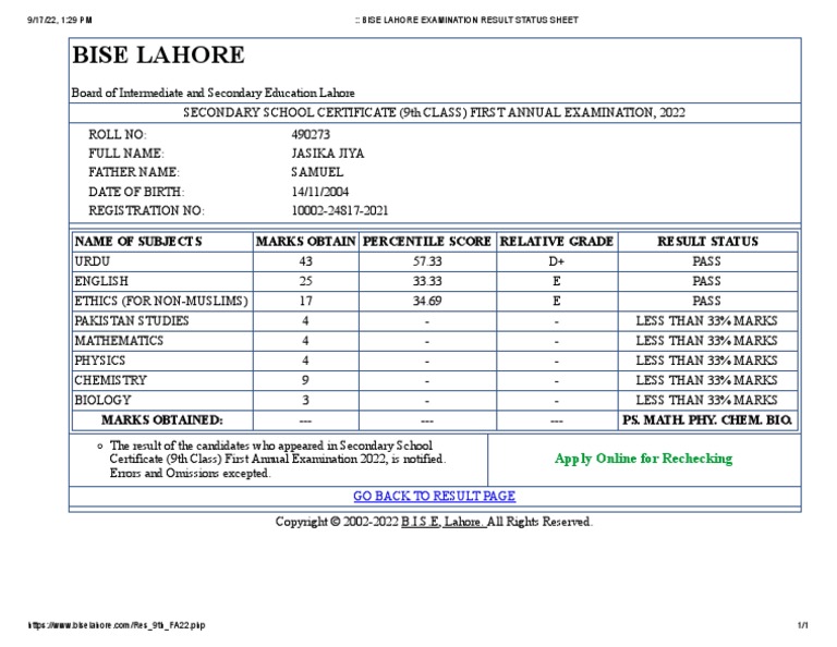 Bise Lahore Examination Result Status Sheet | Download Free PDF | Schools | Educational Stages