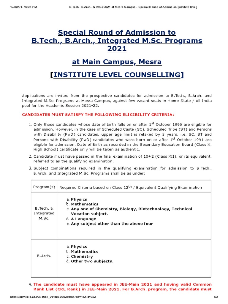 B.tech., B.arch., & IMSc 2021 at Mesra Campus - Special Round of Admission (Institute Level ...