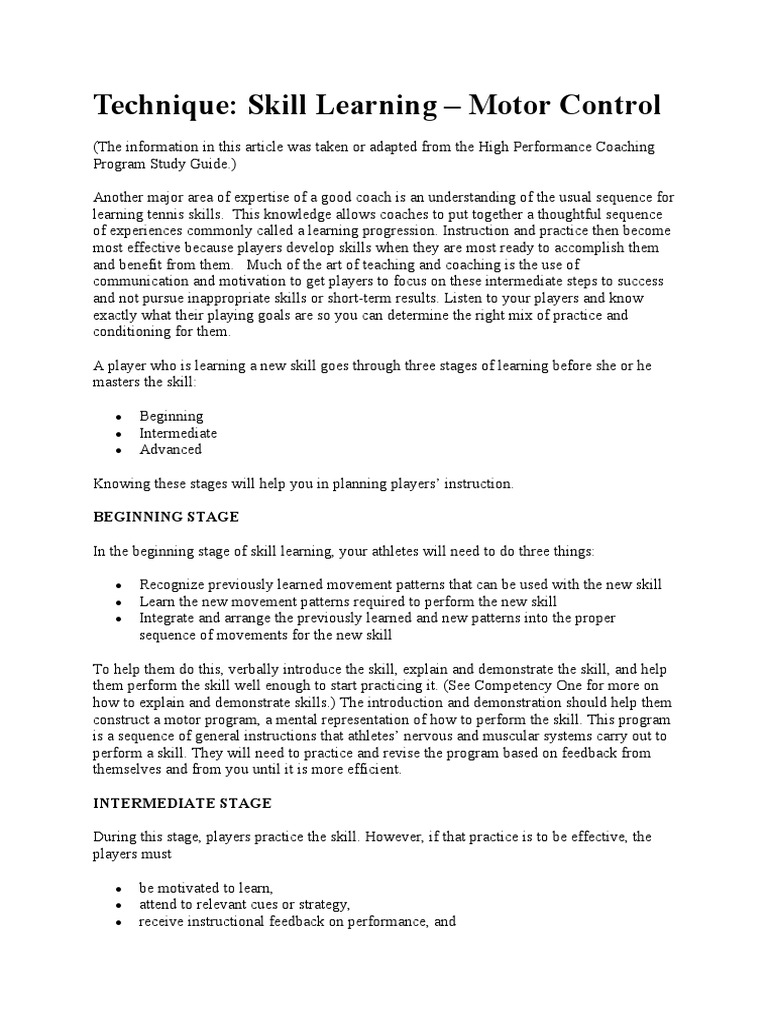 Technique Skill Learning - Coaching Notes | PDF | Learning | Teaching ...
