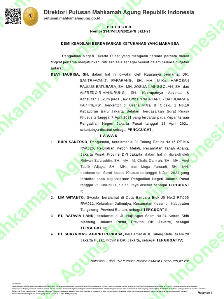 Putusan Pengadilan Negeri Jakarta Pusat tentang Gugatan Hukum Perdata | PDF