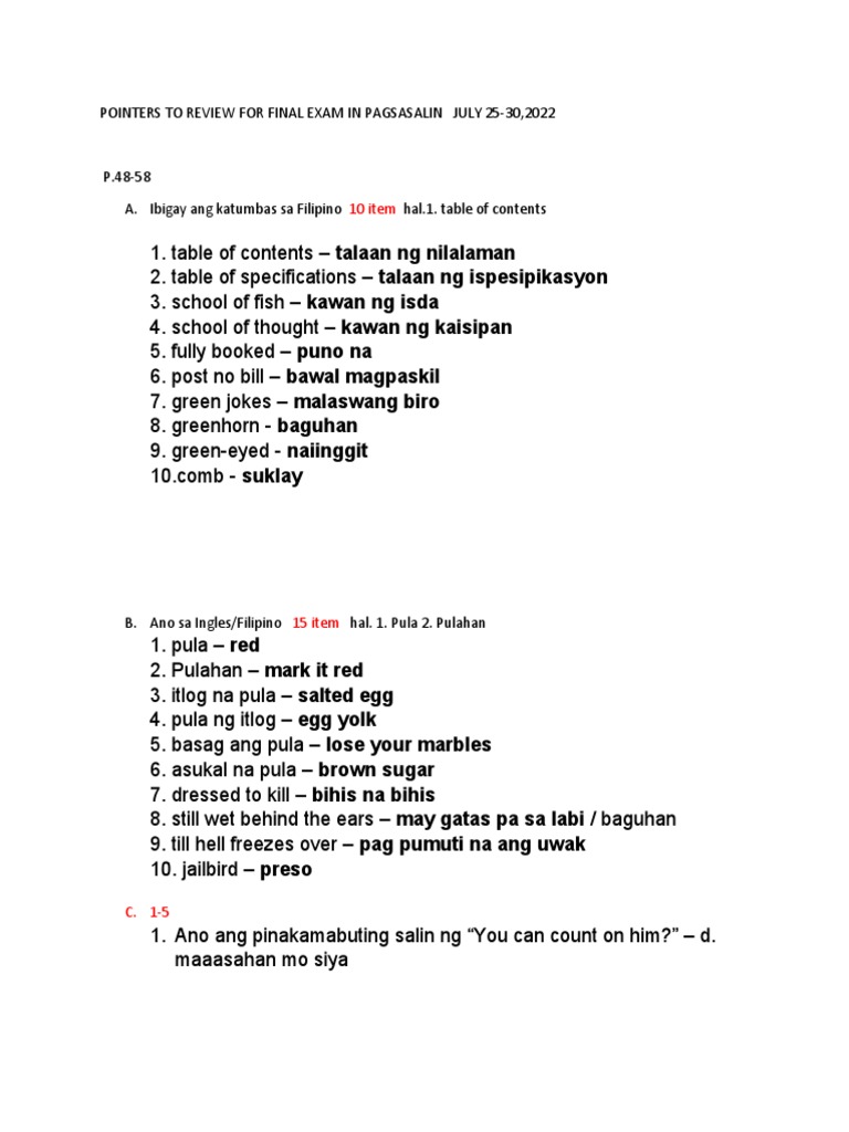 Pointers To Review For Final Exam in Pagsasalin July 25 | PDF Pointers To Review For Final Exam in Pagsasalin July 25 | PDF
