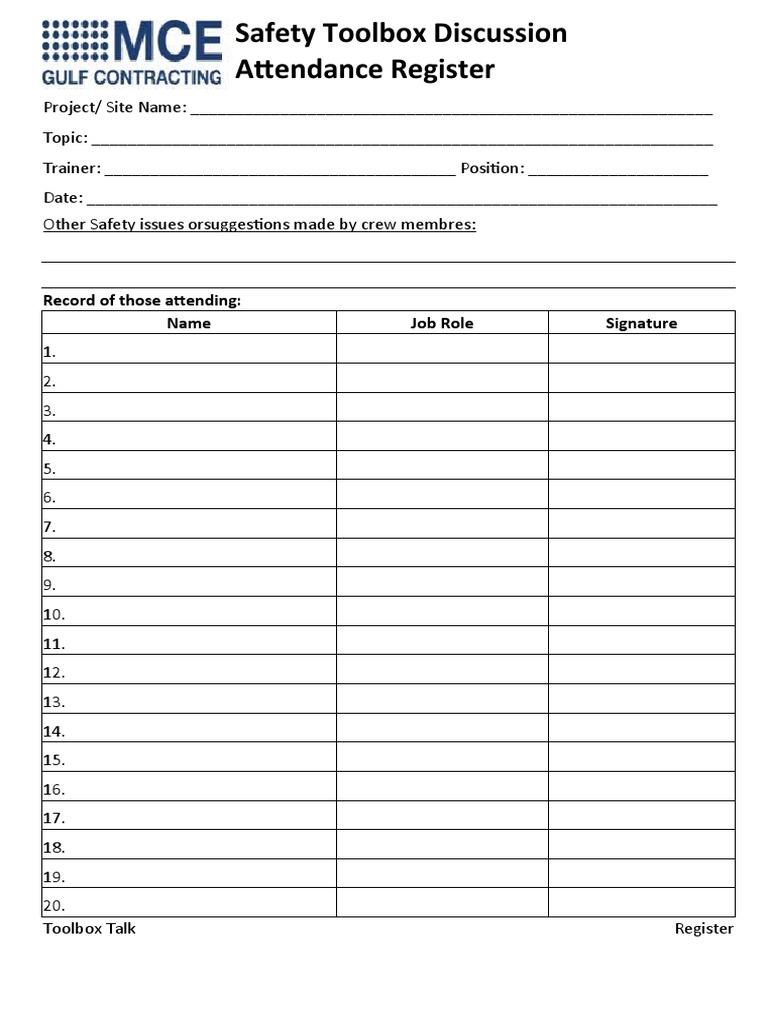 Safety Meeting Attendance and Discussion Register | PDF