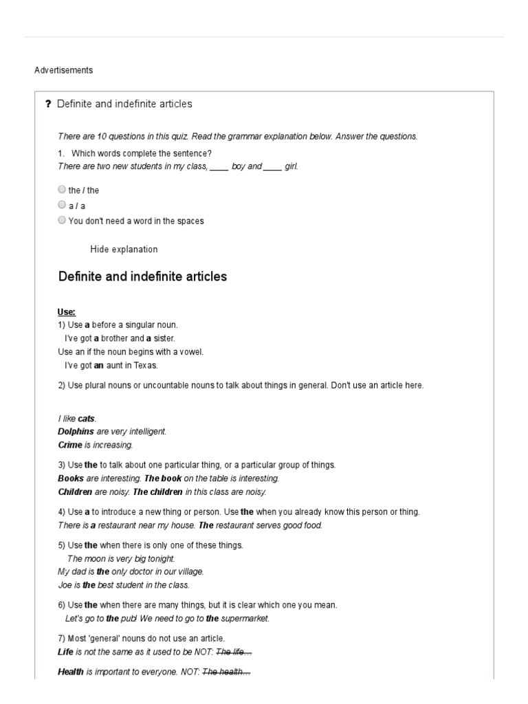 A2 Grammar - Definite and Indefinite Articles | PDF | Verb | Language ...