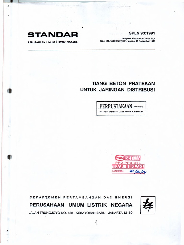 SPLN 93-1991 Tiang Beton Pratekan Untuk Jaringan Distribusi | PDF