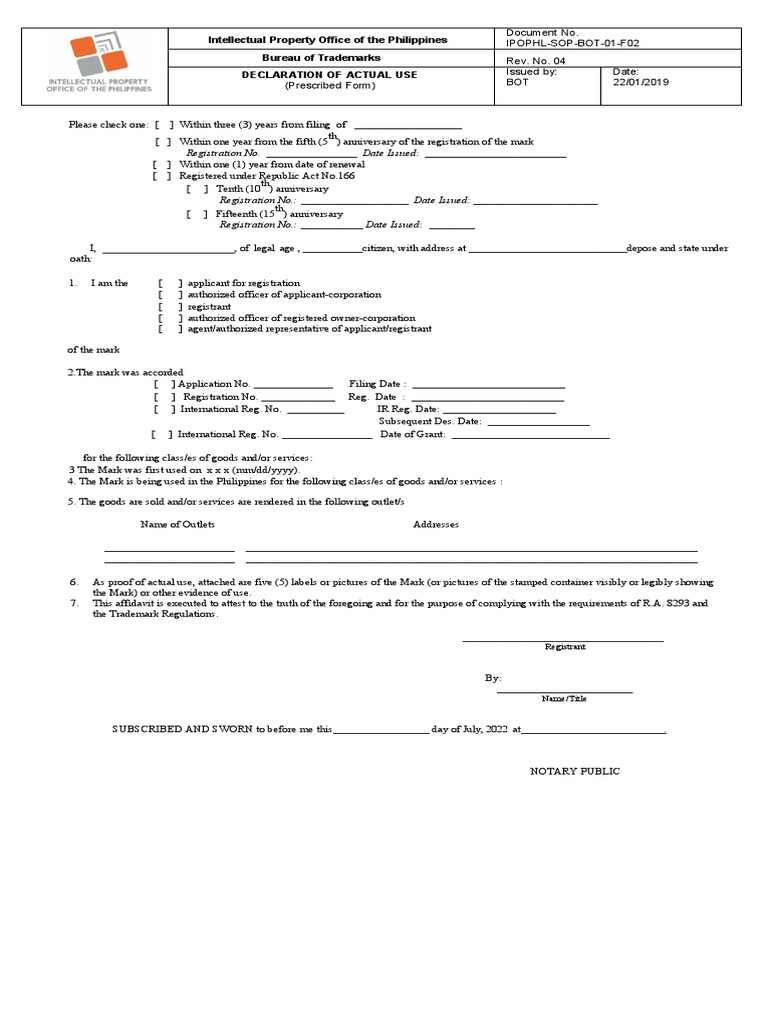 Declaration of Actual Use | Download Free PDF | Trademark | Notary Public