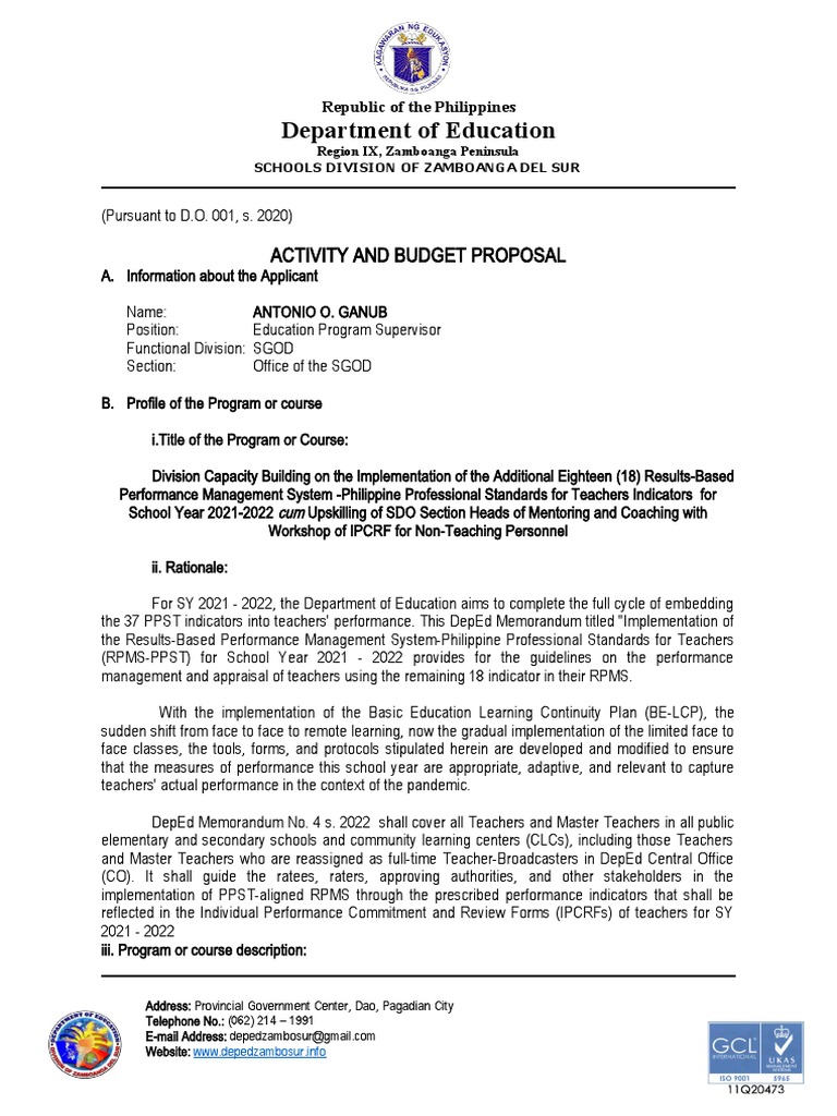 Activity Proposal Division Capacity Building of Raters of The 12 ...