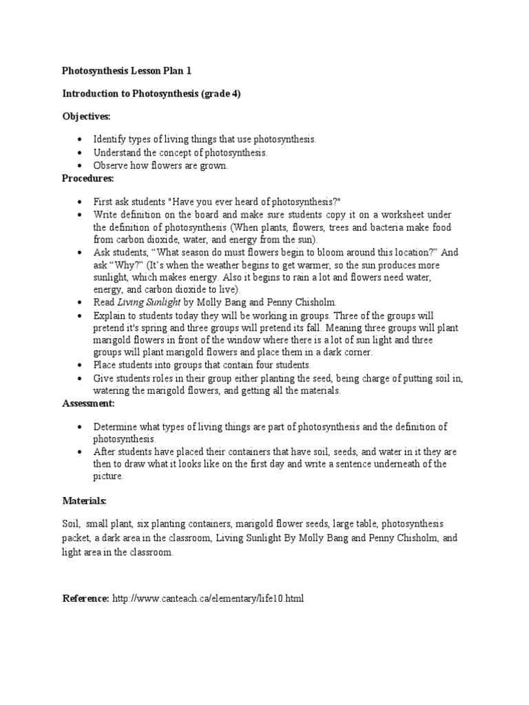 Photosynthesis Lesson Plan 1 Introduction To Photosynthesis Grade 4 ...