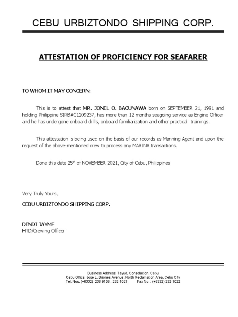 Attestation Letter (First) | PDF | Water Transport | Shipping