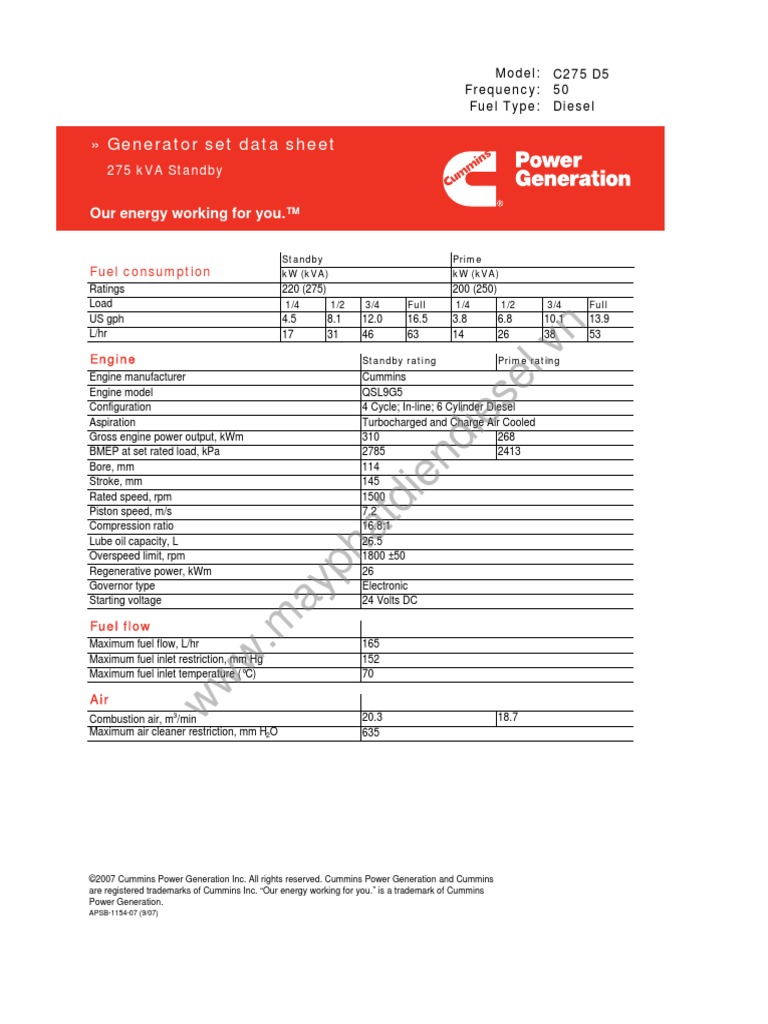 Cummins C275D5 - Datasheet 250kva 275kva | PDF | Diesel Engine | Engines