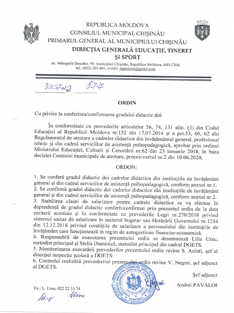 Ordinul Nr.577 Din 30.07.2020 Cu Privire La Conferireaconfirmarea ...