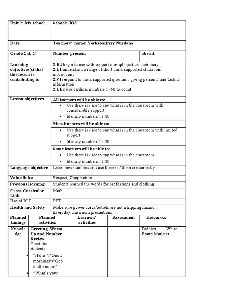 English Grade2 Unit3 My School Counting and Measuring LESSON PLAN | PDF ...