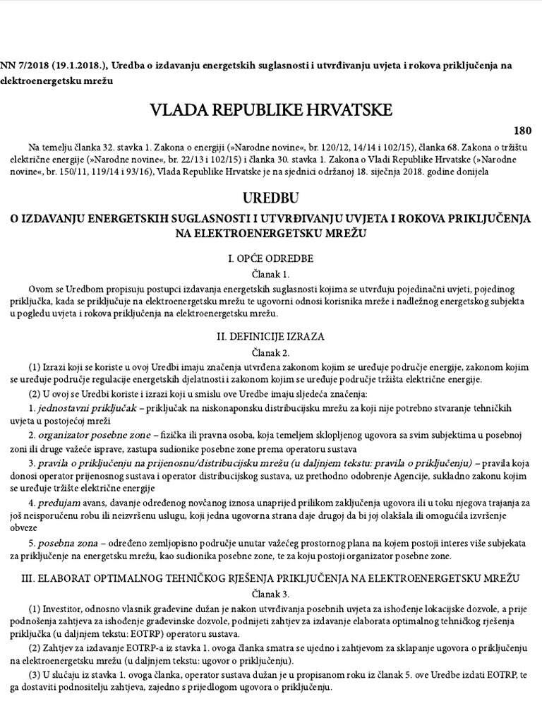 Uredba o Izdavanju Energetskih Suglasnosti I Utvrđivanju Uvjeta I Rokova Priključenja Na ...
