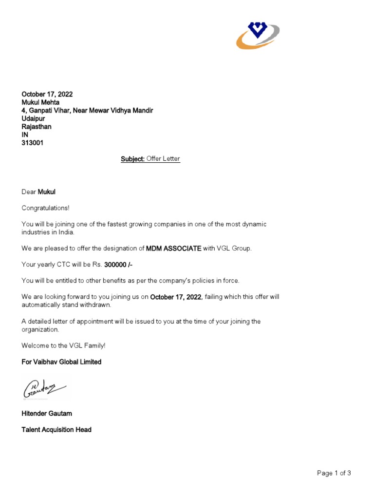 VGL Group Offer Letter for MDM Associate | PDF