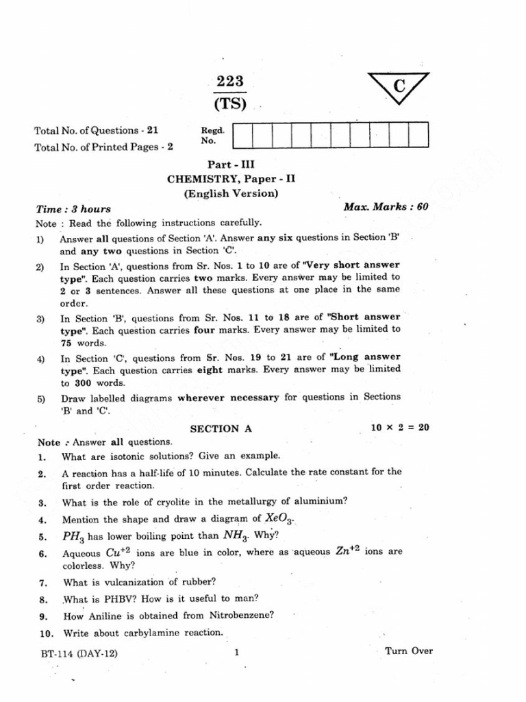 TS Inter 2nd Year Chemistry-EM 2016 Exam Paper | PDF