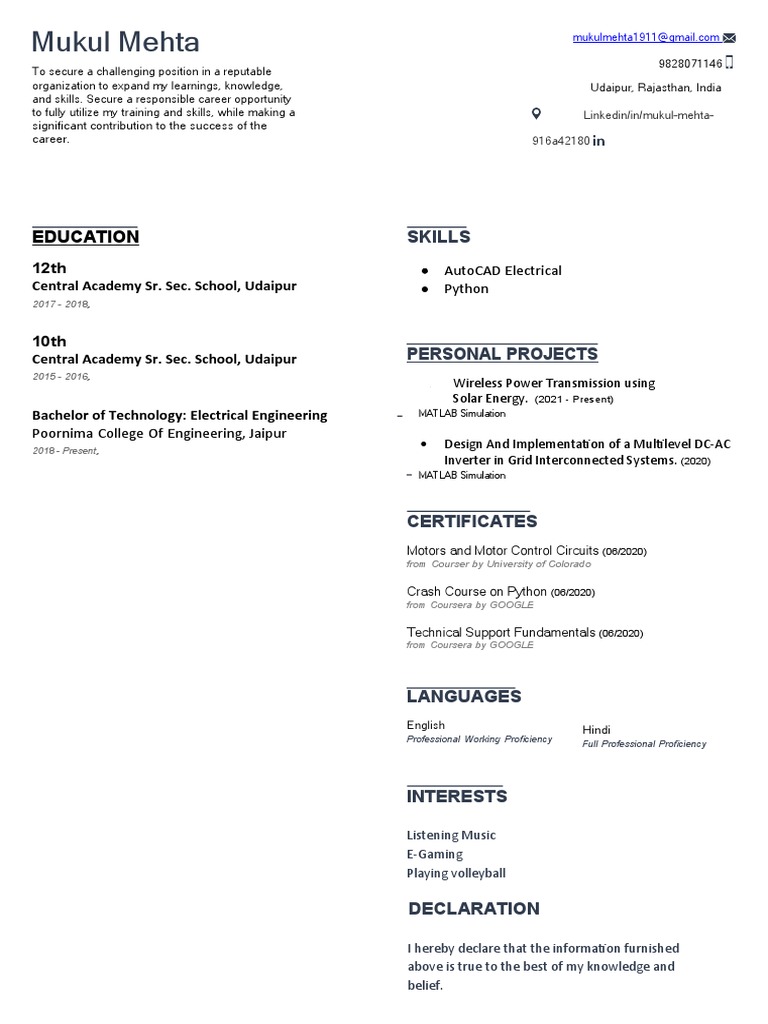 Mukul Mehta's resume for challenging electrical engineering positions | PDF | Physical ...