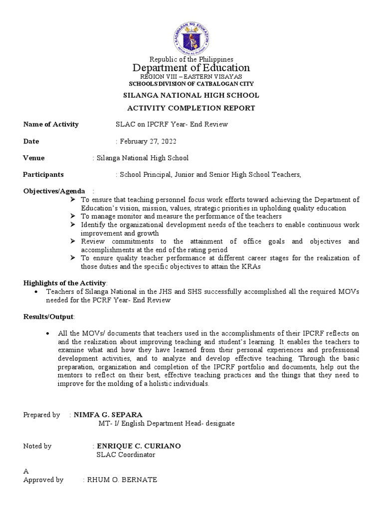 2022 Acr-Slac On Ipcrf Year End Review | PDF | Teachers | Cognition