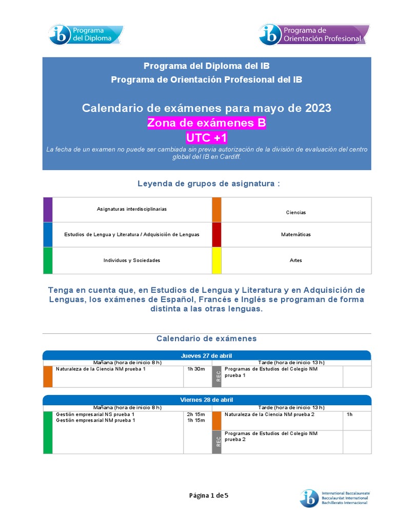 Calendario Exámenes IB Mayo 2023 | PDF | Science