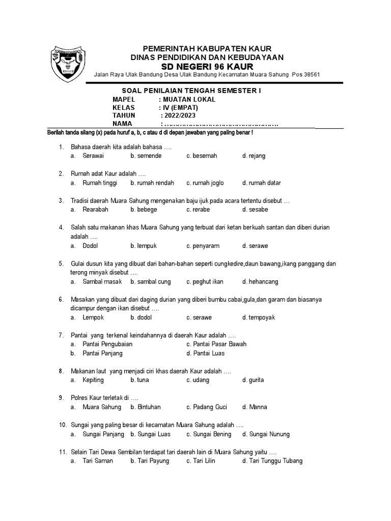 Soal Uts Mulok Kelas 4 Sem 1 2022 2023 | PDF