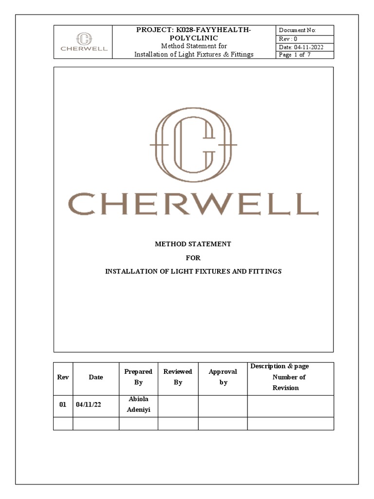 Method Statement For Installation of Light Fixtures and Fittings | PDF