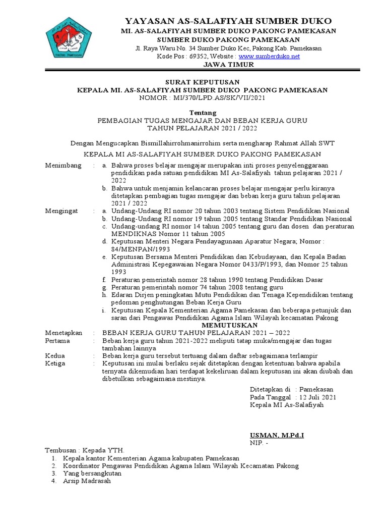 SK Beban Kerja Guru | PDF