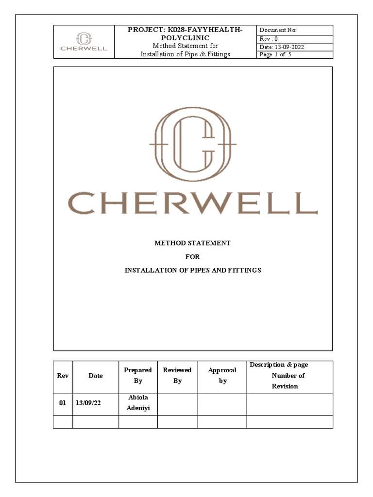 Method Statement For Installation of Pipes and Fittings | PDF | Pipe (Fluid Conveyance ...