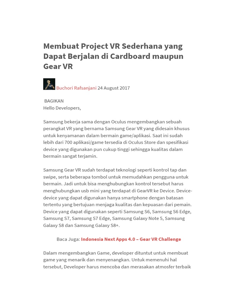Membuat Project VR Sederhana Yang Dapat Berjalan Di Cardboard Maupun Gear VR | PDF