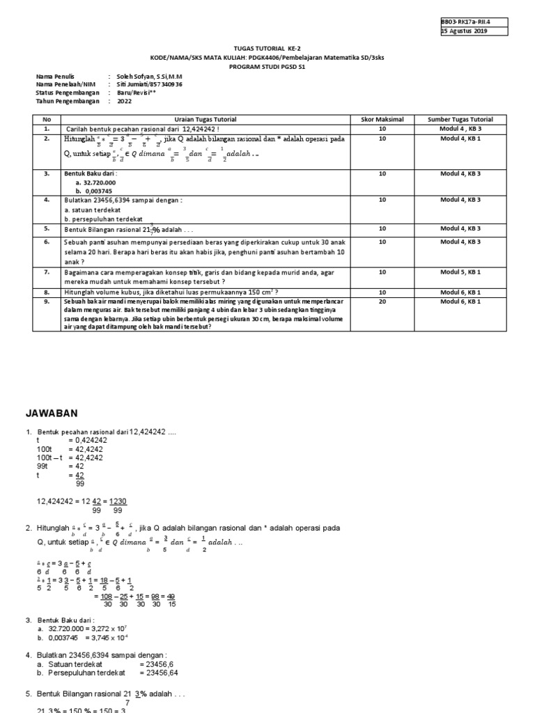 Tugas Tutorial Matematika SD | PDF | Metode & Bahan Ajar