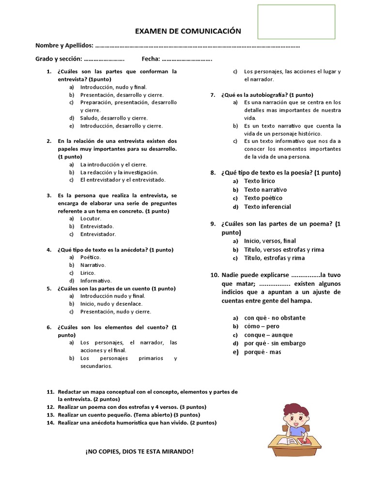 EXAMEN DE COMUNICACIÓN Primer Grado | PDF | Narración | Poesía