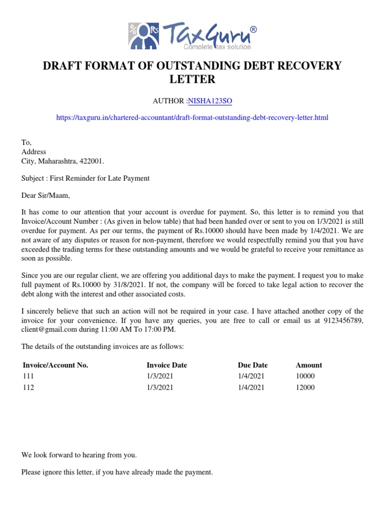 Outstanding Debt Recovery Letter Template | PDF | Finance & Money ...