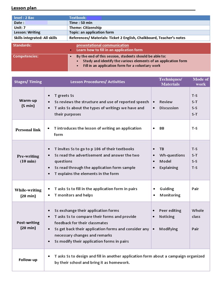Writing an Application Form for 2 Bac | PDF | Lesson Plan | Human ...