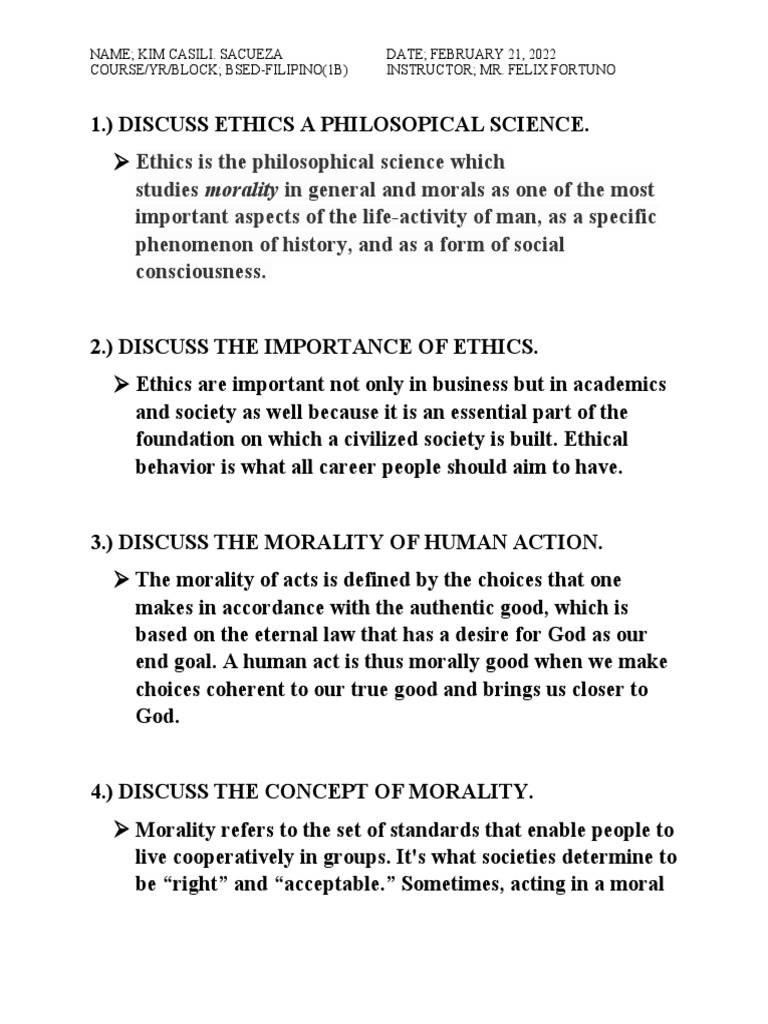 Ethics Bsed-Filipino (1B) | PDF | Morality | Soul