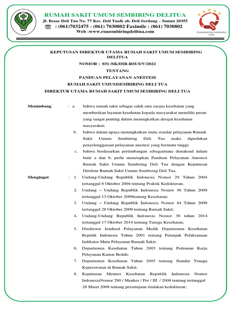 RS Sembiring Delitua Anestesi Panduan | PDF