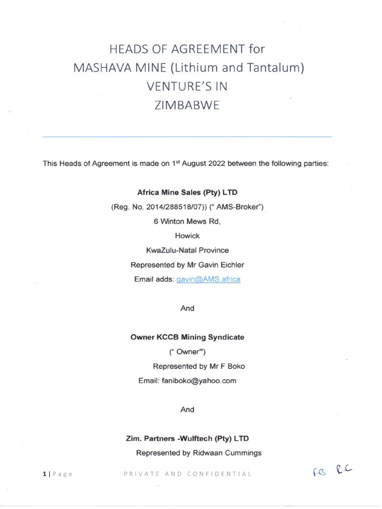 Heads of Agreement For Mashava Mine (Lithium and Tantalum) - Signed | PDF