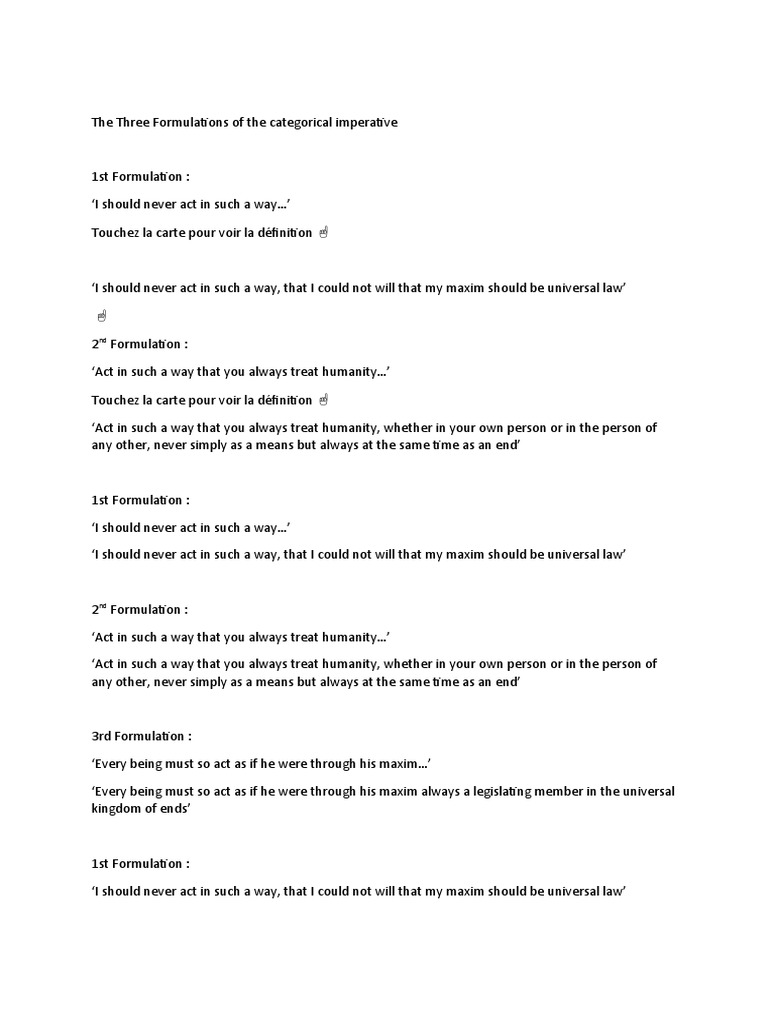 The Three Formulations of The Categorical Imperative | PDF