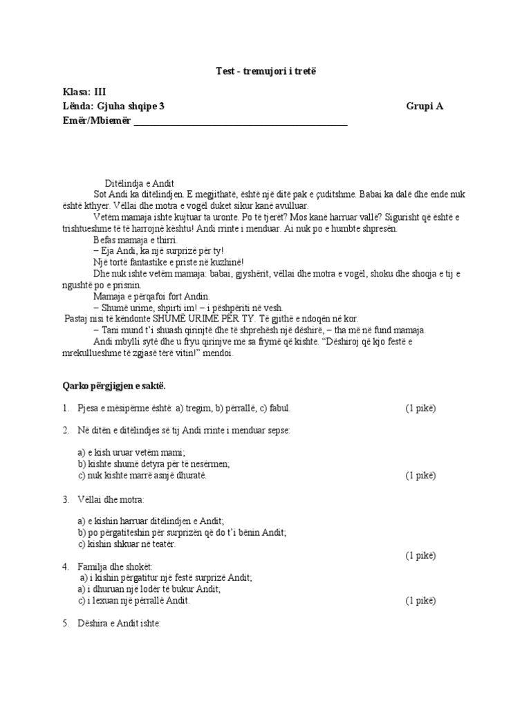 Gjuha Shqipe 3 - Test 3 | PDF