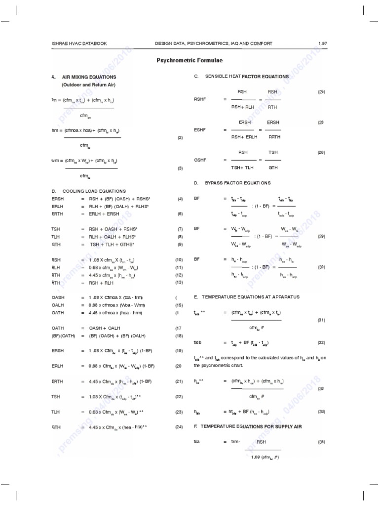 Psychrometric Calculation Formulas | PDF