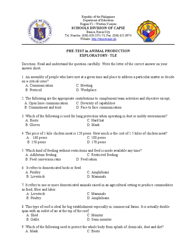 PRE TEST IN Exploratory ANIMAL PRODUCTION | PDF | Food And Drink | Food ...