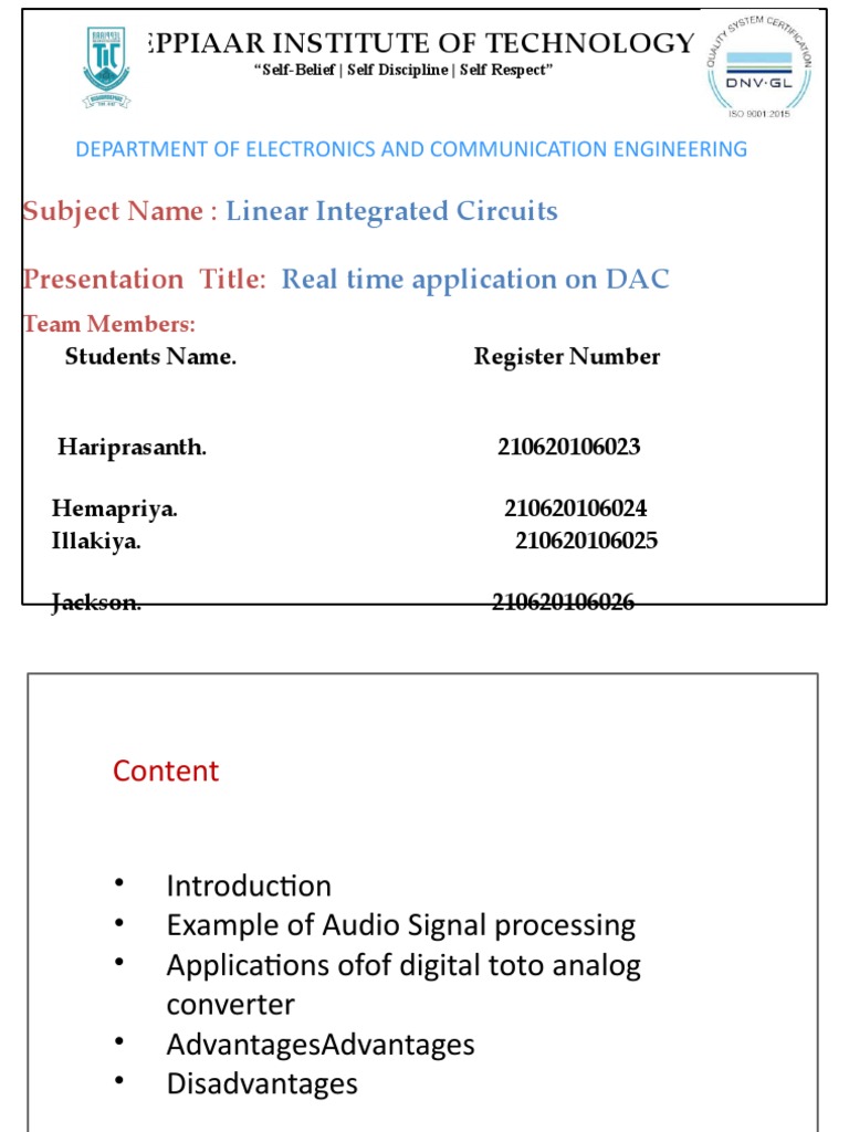 Jeppiaar Institute of Technology: Linear Integrated Circuits Real Time Application On DAC | PDF ...